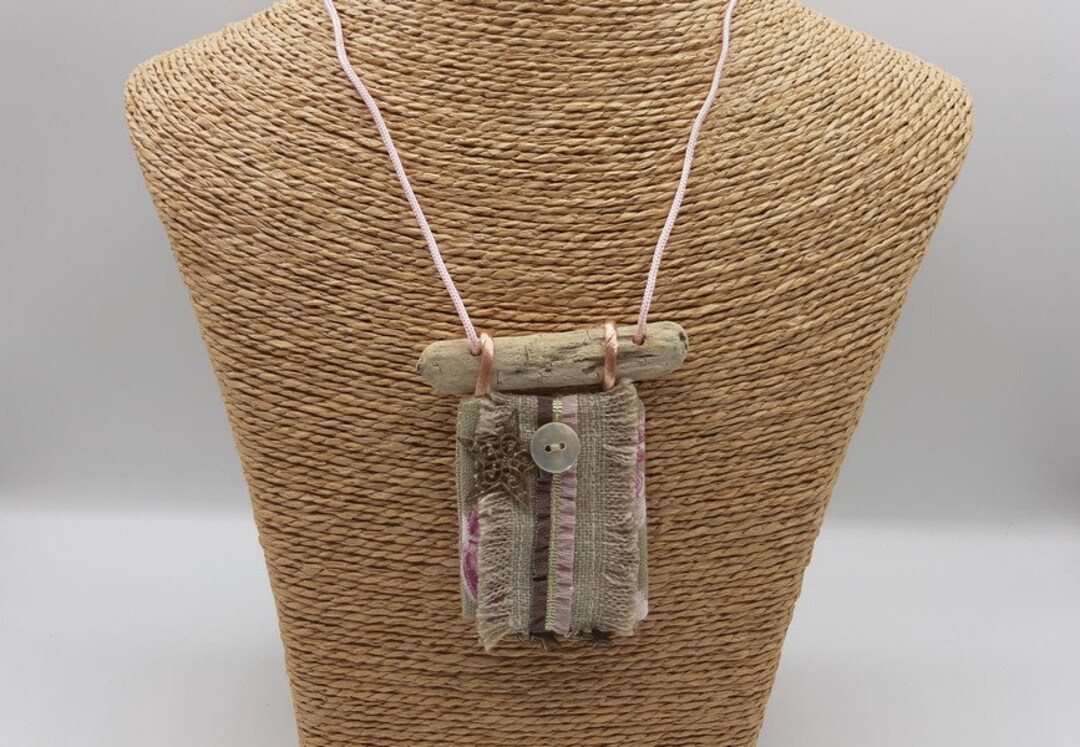 Linen and Driftwood Textile Necklace, Lace and Charm, Linen Textile ...
