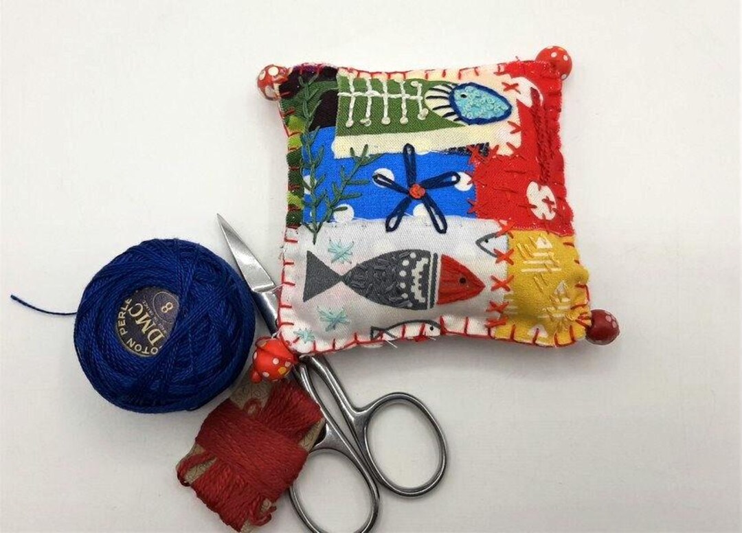 Blue and White Patchwork Pincushion With a Fish Theme, Entirely ...