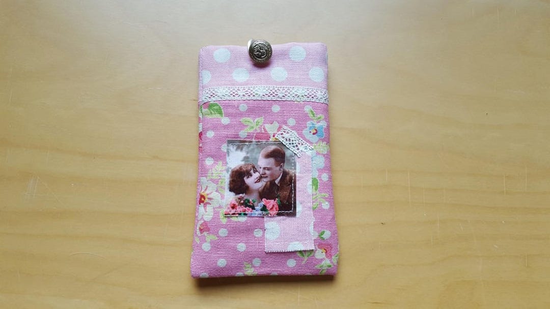 Small Phone or Smartphone Pouch Case, Pink Fabric With White Polka Dots ...