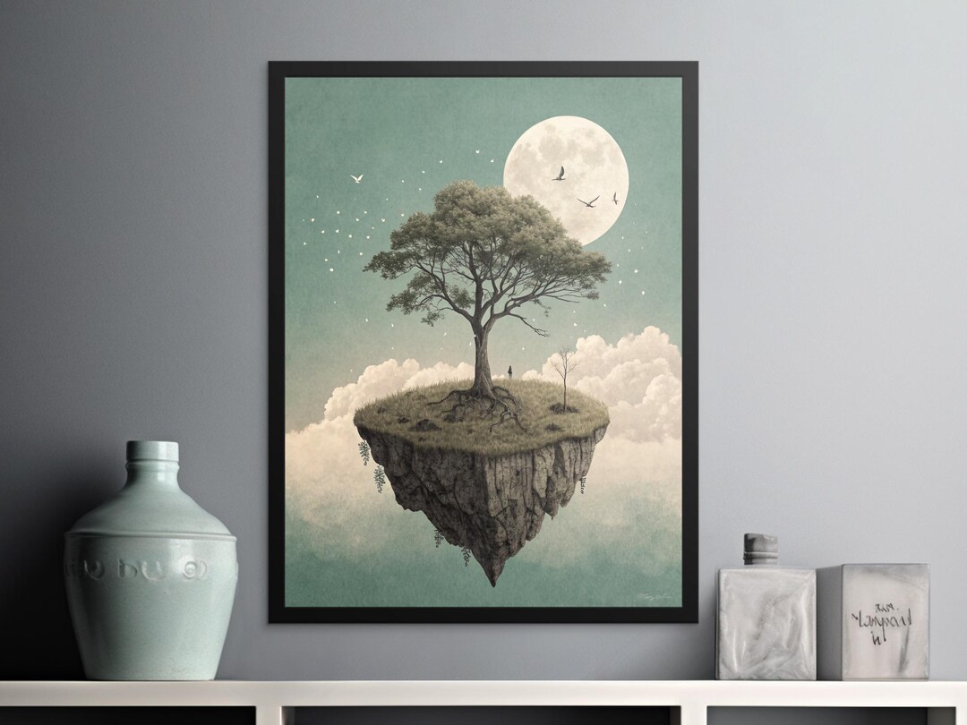 Floating Island Poster, Magical Tree, Moon Art Print, Surreal Digital ...