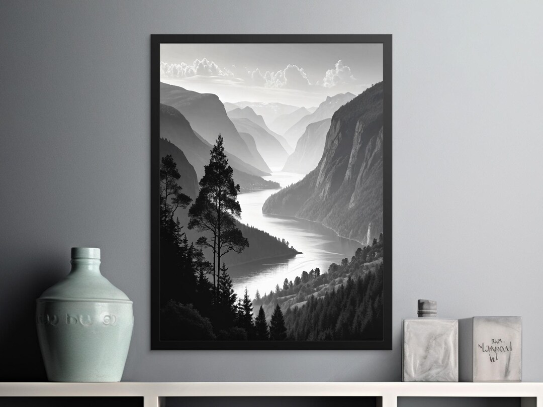 Black and White Mountain Digital, Poster, Lake Scenery Art Print ...