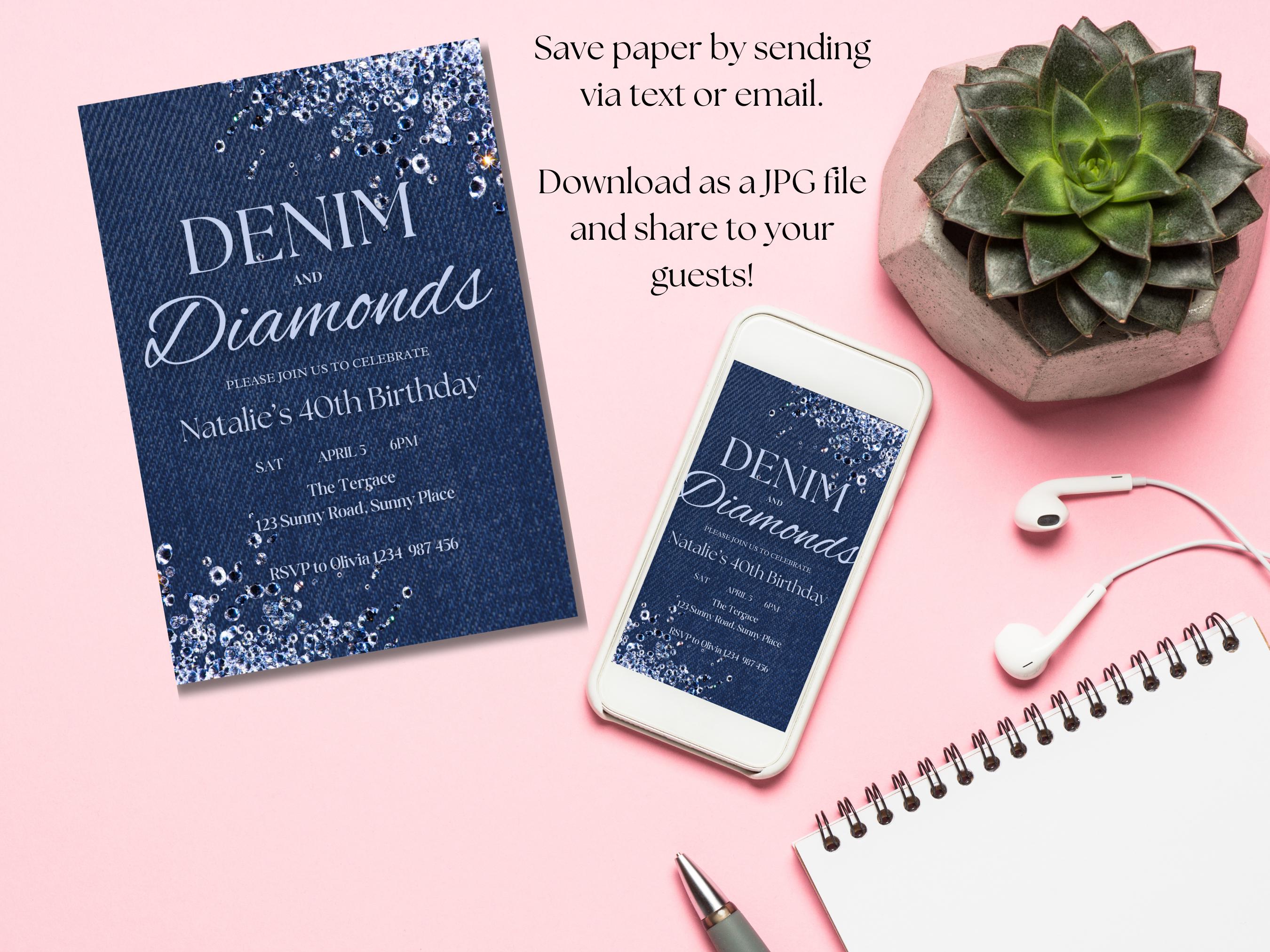 Digital Denim and Diamonds Invitation Birthday Invitation | Denim and ...
