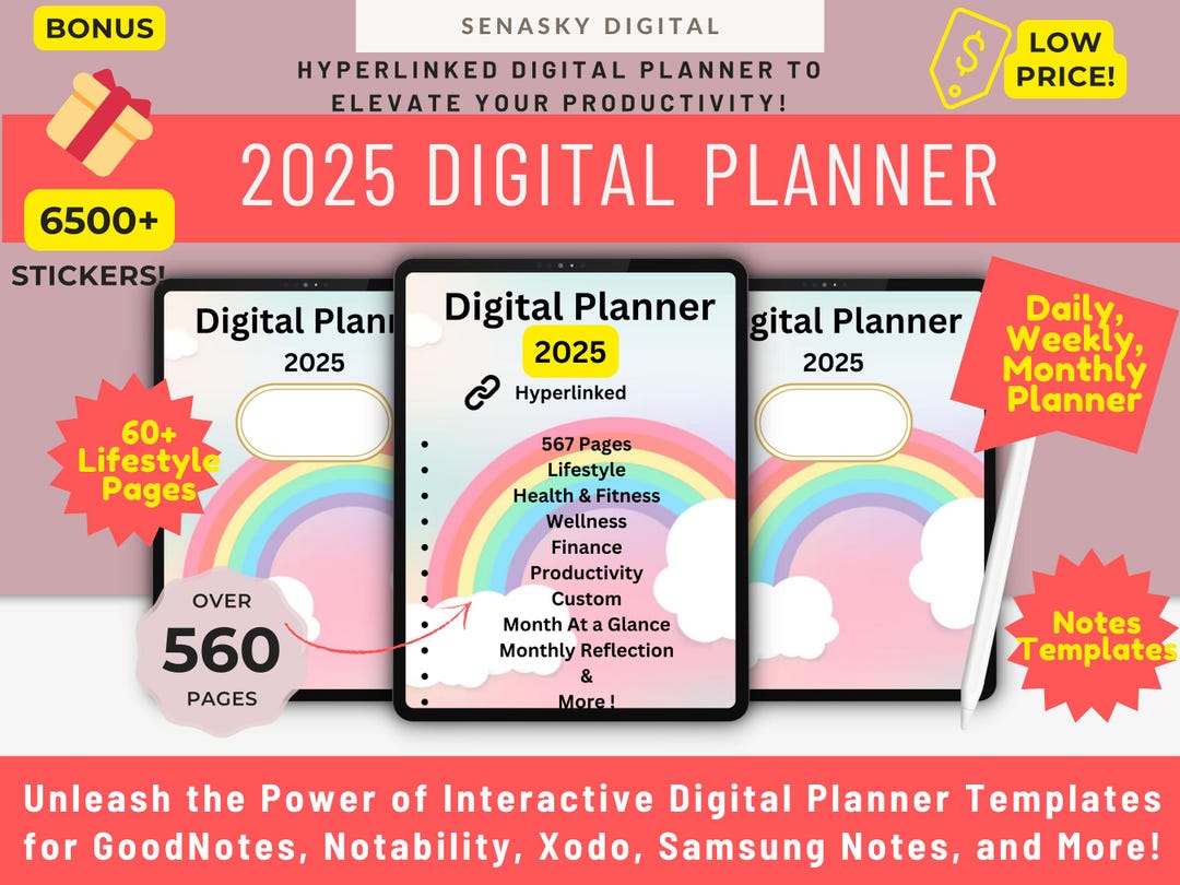 2025 Digital Planner, Goodnotes, Notability, Adobe, Hyperlinked, Daily ...