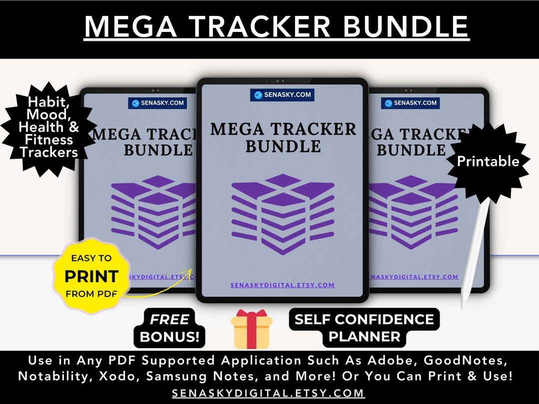 Mega Tracker Bundle, Digital Tracker Printable, Habit, Mood, Health & Fitness Tracker ...