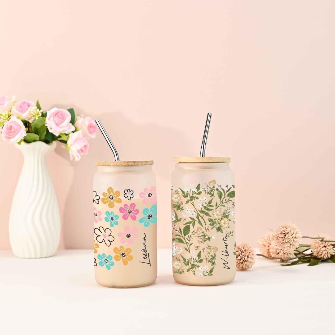 Personalized Flower Tumble, Custom Glass Coffee Cup With Bamboo Lid and ...