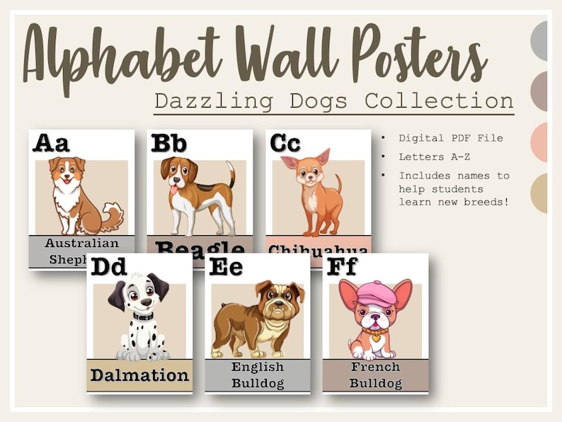 Dog Breeds Alphabet Wall Art, Colorful Classroom Decor (PDF Download ...