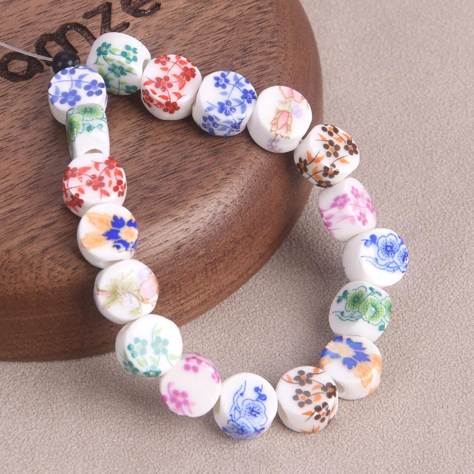 20pcs Flat Round Shape 8.5mm X 5mm Flower Patterns Ceramic Porcelain ...