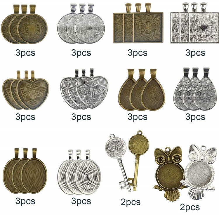 34 Set 25mm Mixed Shapes Cabochon Setting Base Blank Trays & Glass ...