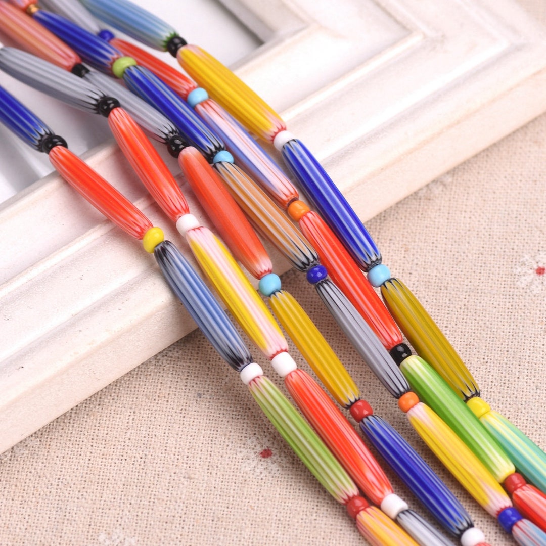 1 Strand 40cm 12pcs Long Cuboid Tube 30x5mm Millefiori Lampwork Glass ...