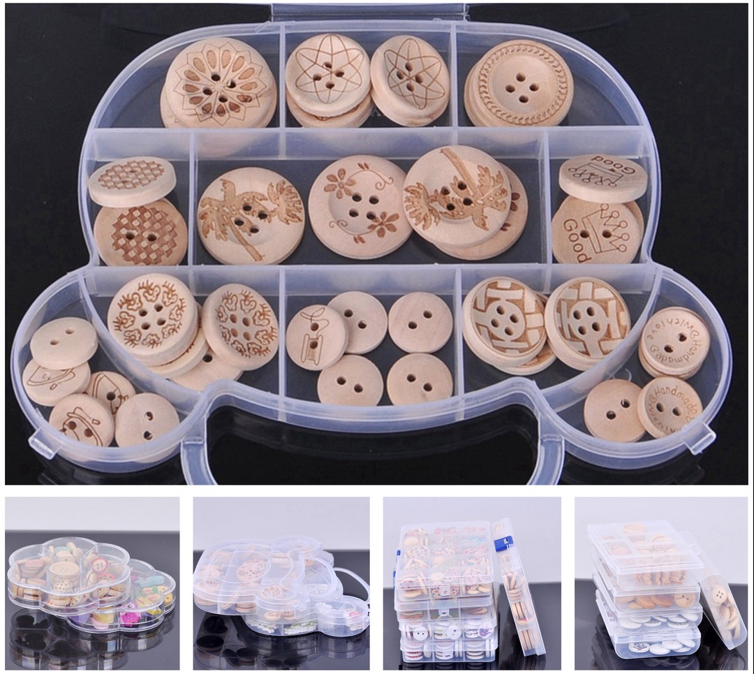 1 Box Mixed Wooden Buttons Pattern Decorative 2/4 Holes 19-25mm Sewing ...