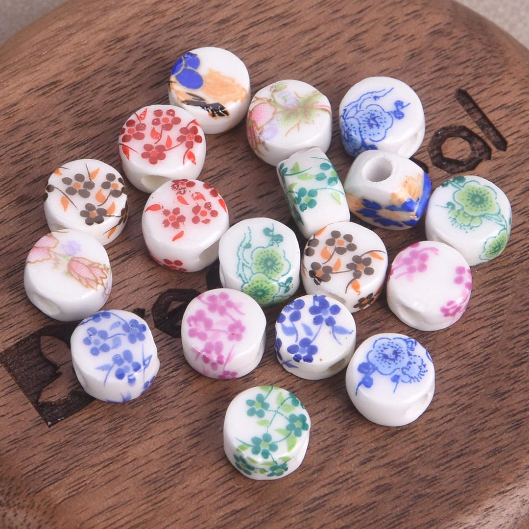 20pcs Flat Round Shape 8.5mm X 5mm Flower Patterns Ceramic Porcelain ...