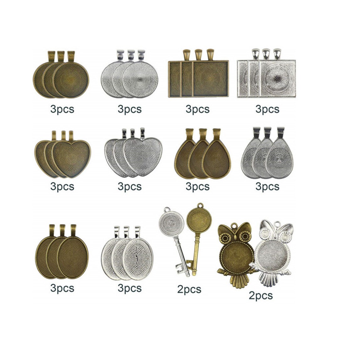 34 Set 25mm Mixed Shapes Cabochon Setting Base Blank Trays & Glass ...