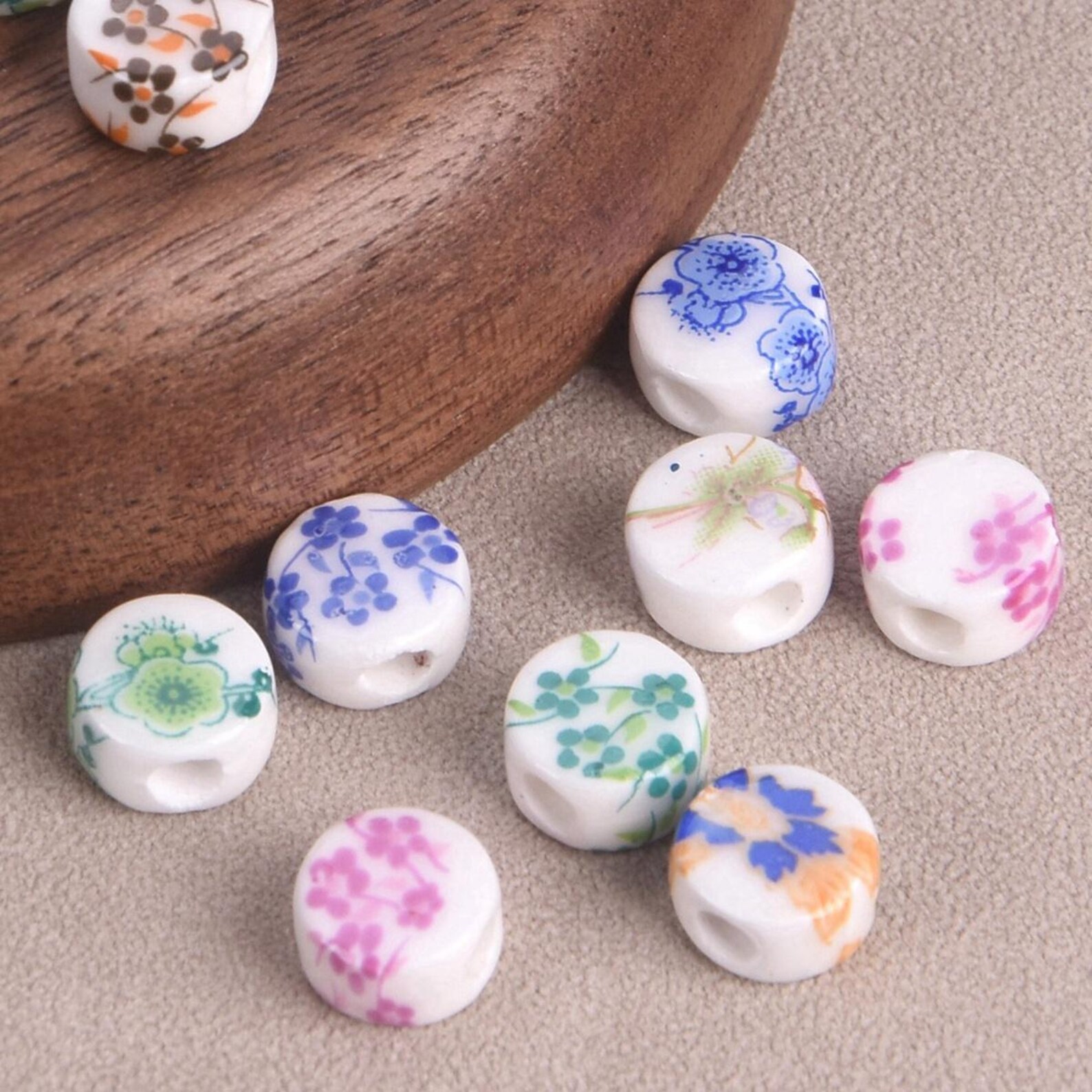 20pcs Flat Round Shape 8.5mm X 5mm Flower Patterns Ceramic Porcelain ...