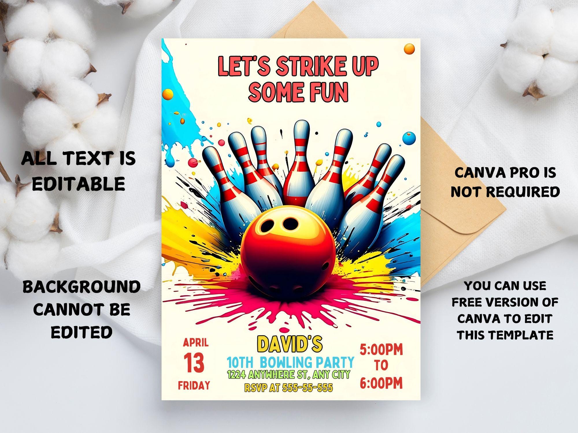 Editable Bowling Birthday Invitation Template, Printable Strike up Some ...
