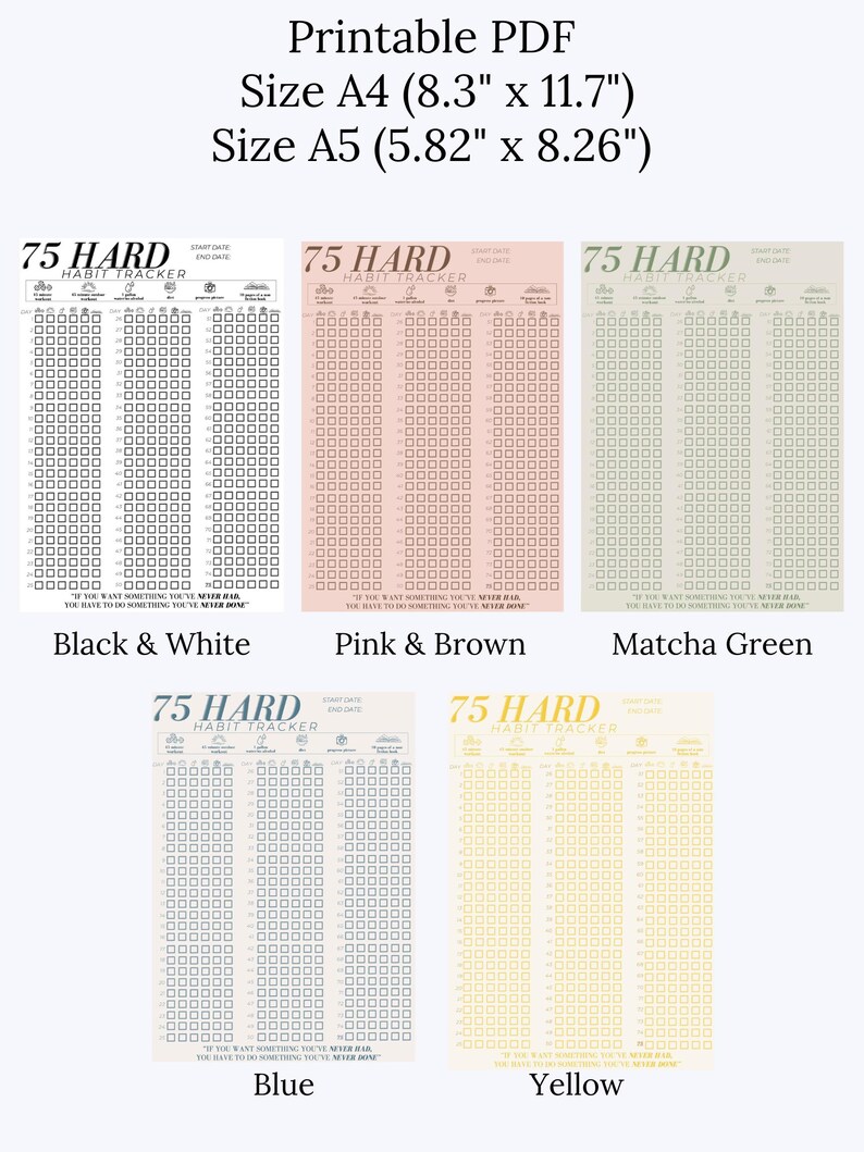 75 Hard Habit Tracker Printable PDF A4, A5 - Etsy