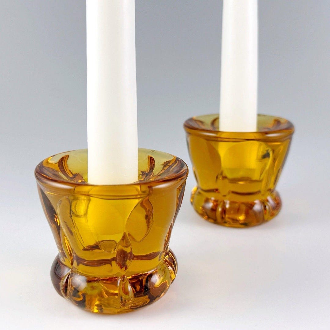 2 Vintage Amber Orange Glass Candle Holders, Mid Century Pair Short ...