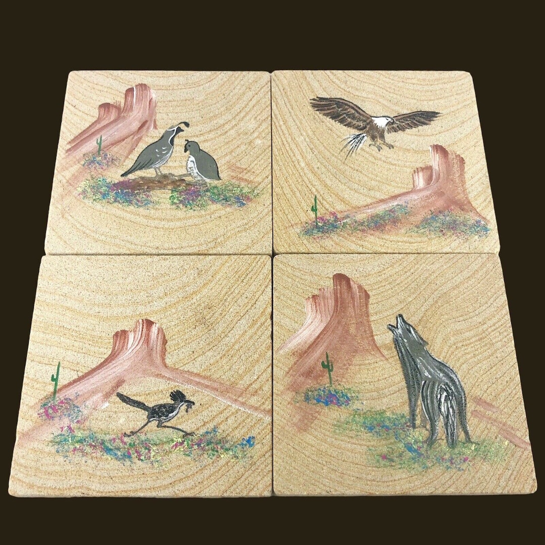 4 Southwest Sandstone Coasters Wolf Roadrunner Eagle Partridge - Etsy