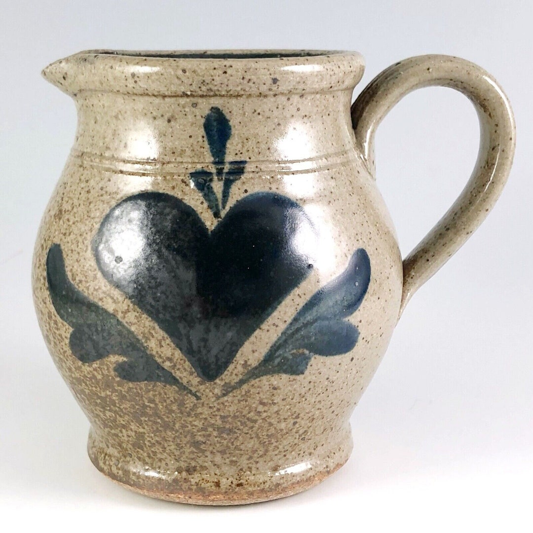 Rowe Pottery Works Stoneware Creamer, Hand Painted Cobalt Heart ...