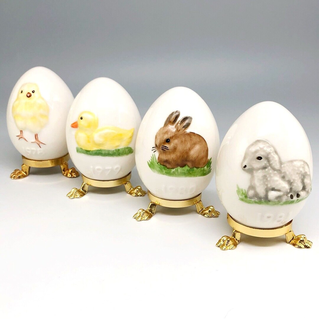4 Goebel Annual Easter Eggs on Stands, Hand Painted Porcelain, Chick ...