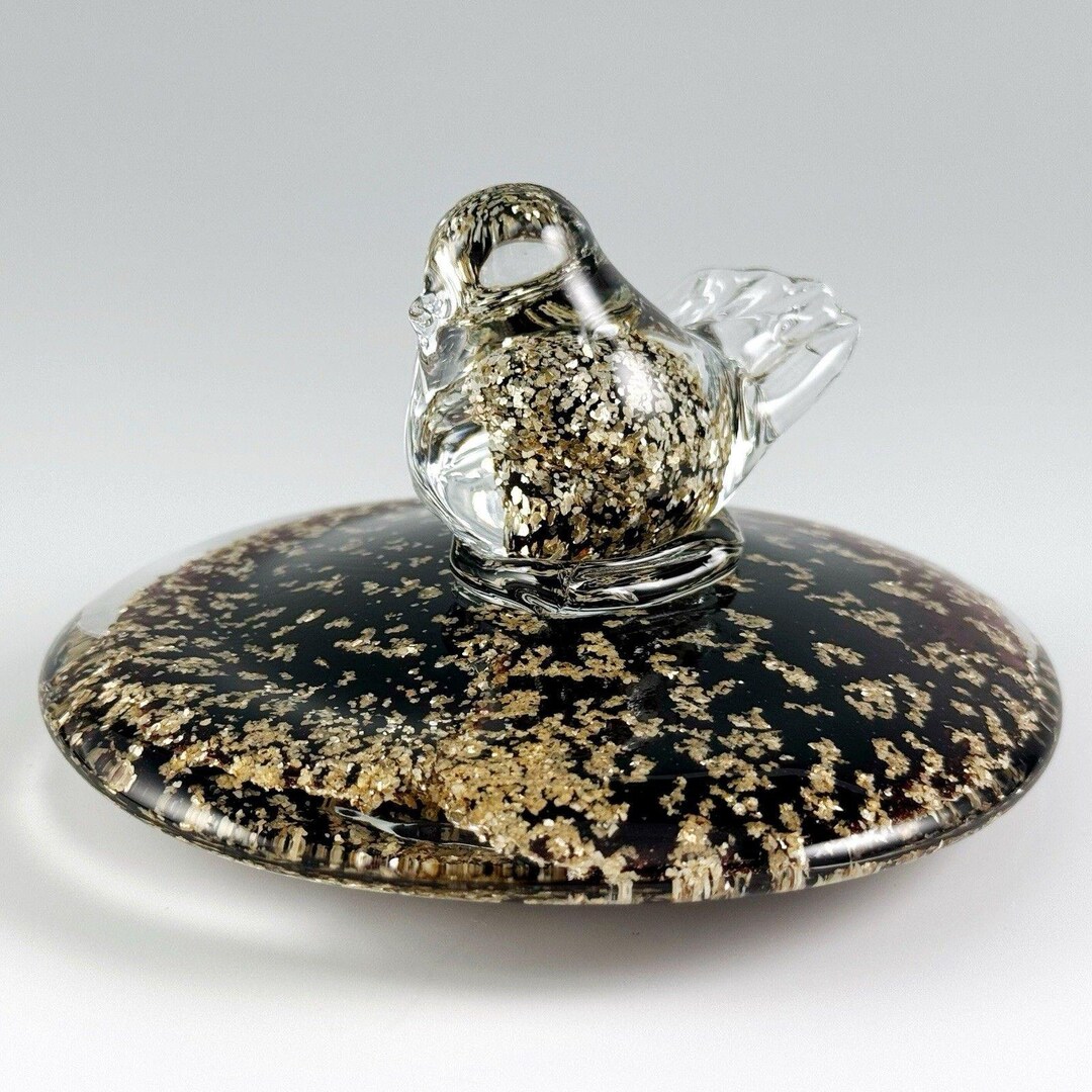 Hand-blown Art Glass Bird on Flattened Disc Paperweight, Gold Flecks ...