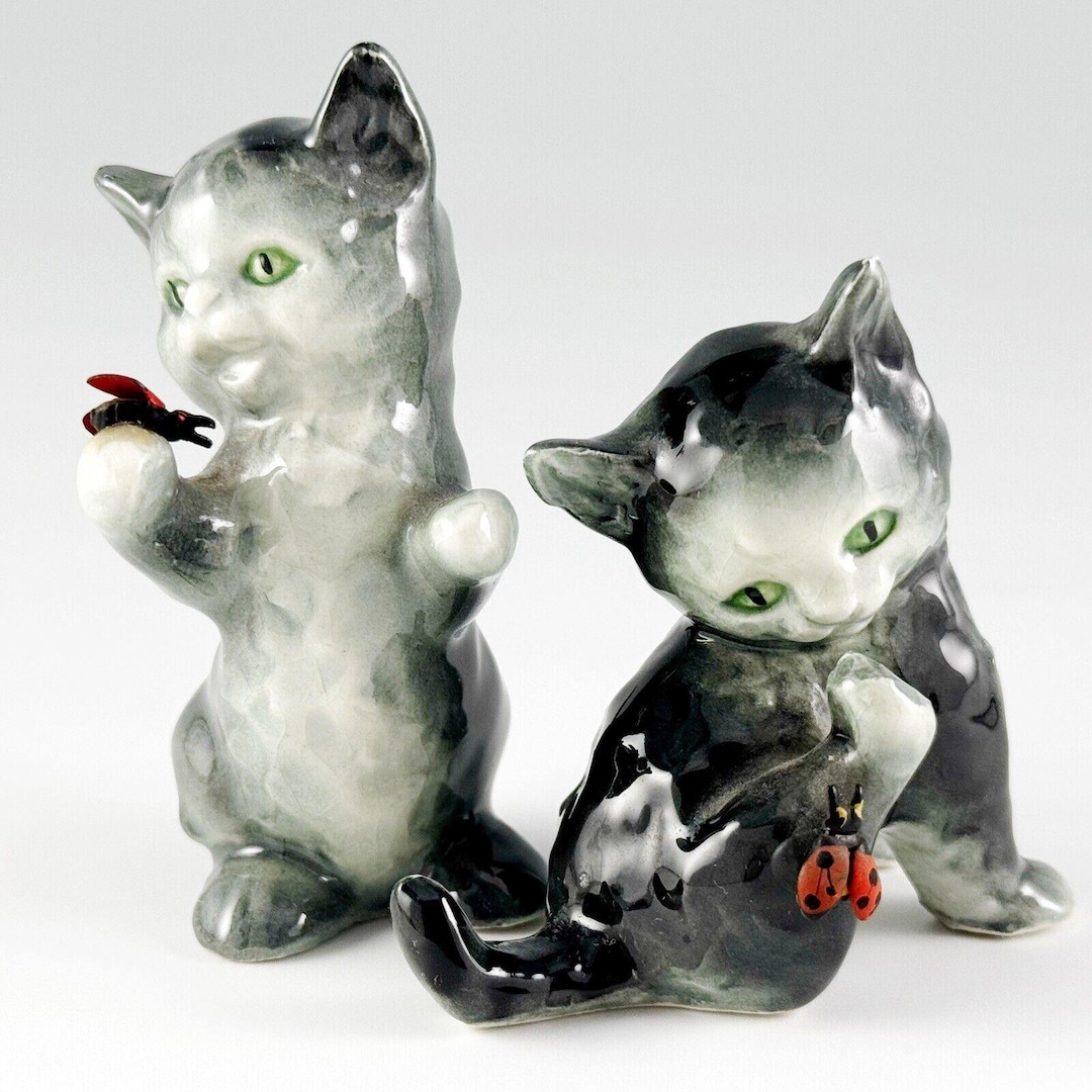 2 Goebel Kittens With Ladybugs Figurines, Small Gray Hand Painted ...