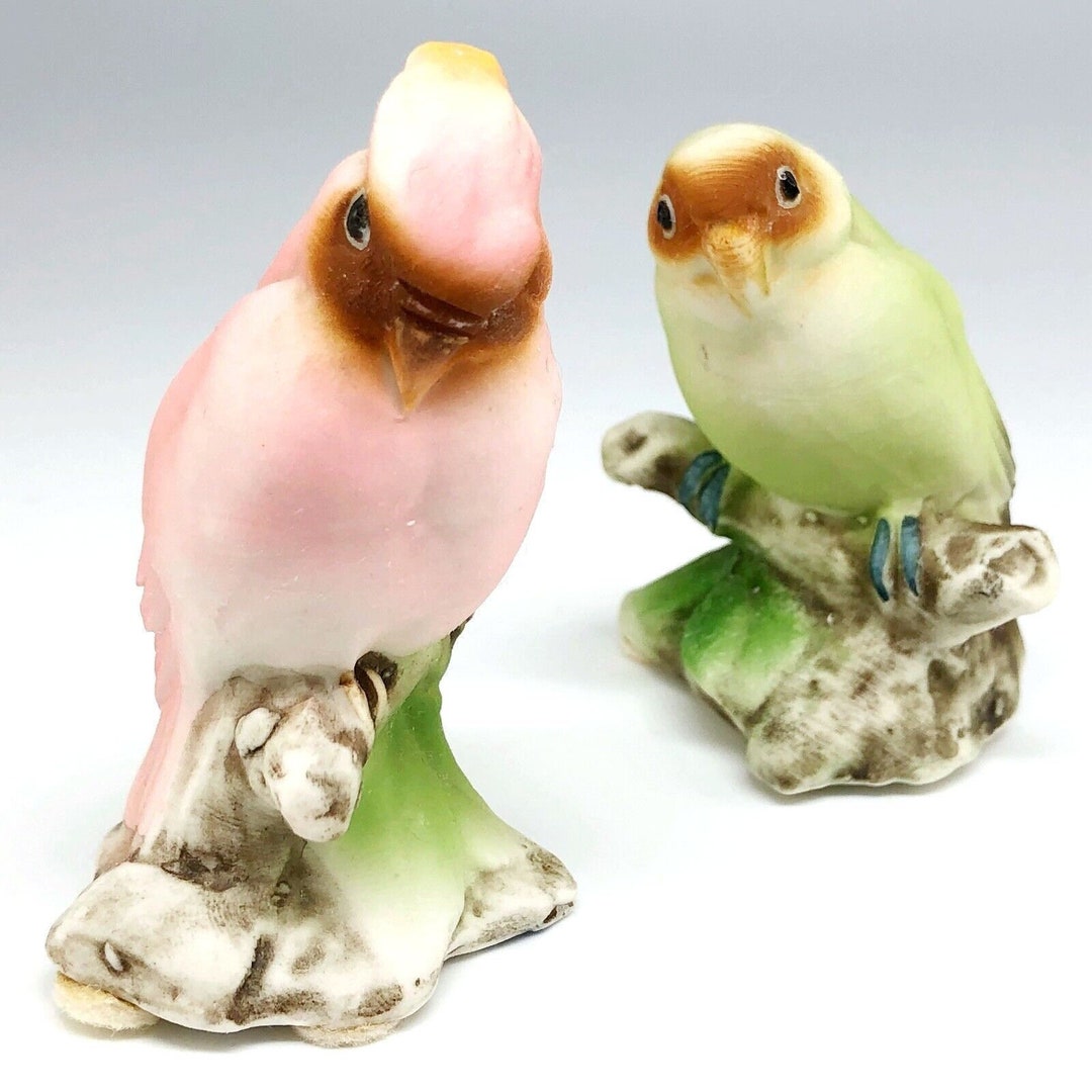 2 Capodimonte Italian Bird Figurines, Miniature Green Parrot & Pink ...