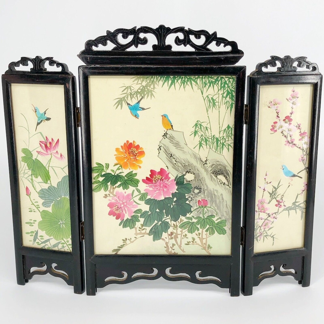 Japanese 3 Panel Tabletop Miniature Folding Screen, Hand Painted Silk ...