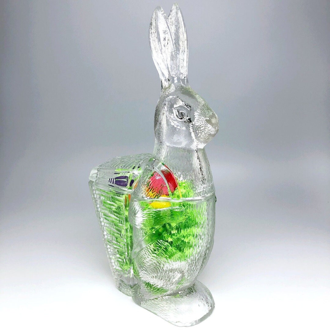Zabkowice Glassworks Clear Glass Rabbit Carrying Basket Easter Bunny ...