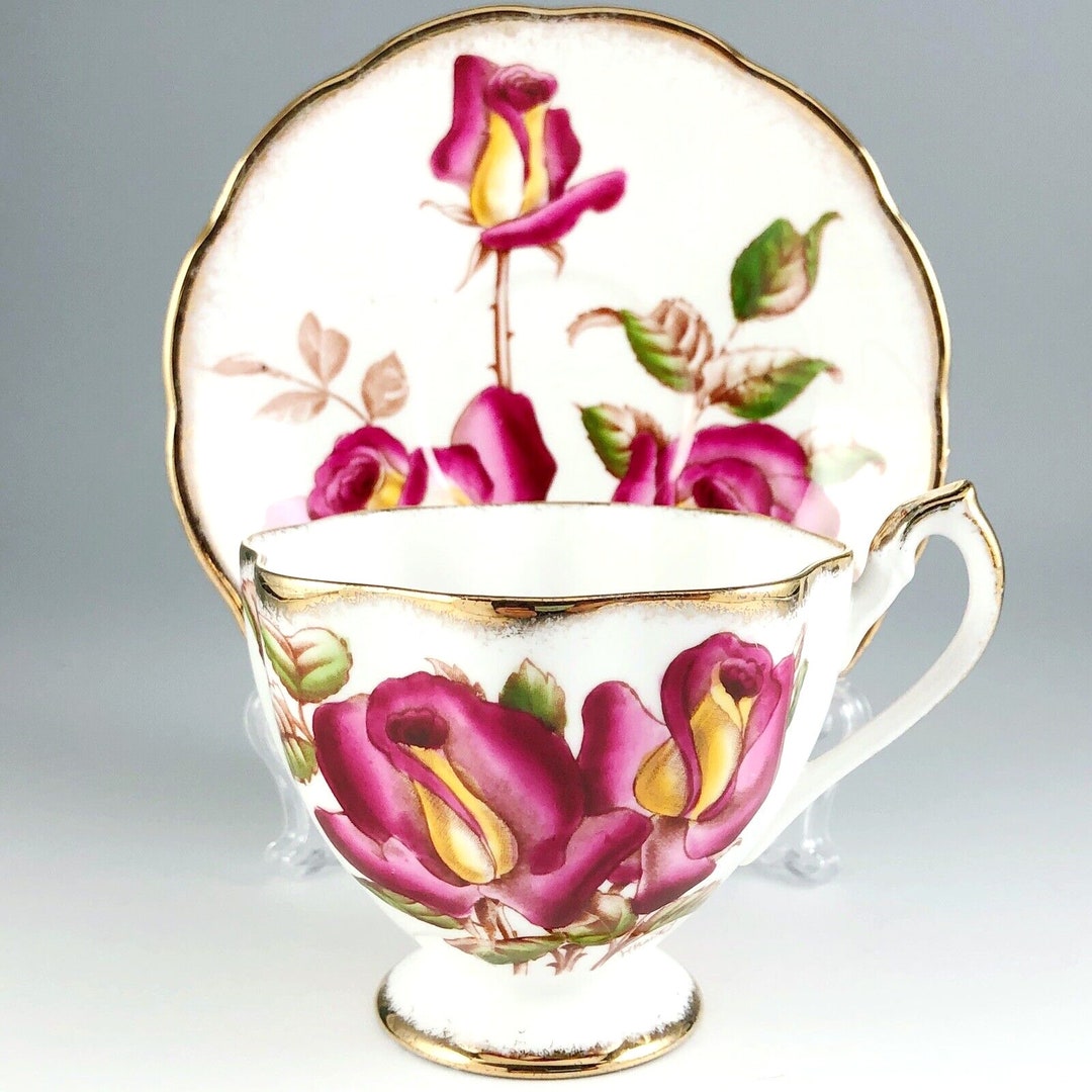 Queen Anne Windsor Rose Tea Cup & Saucer Footed Teacup Fine Bone China ...