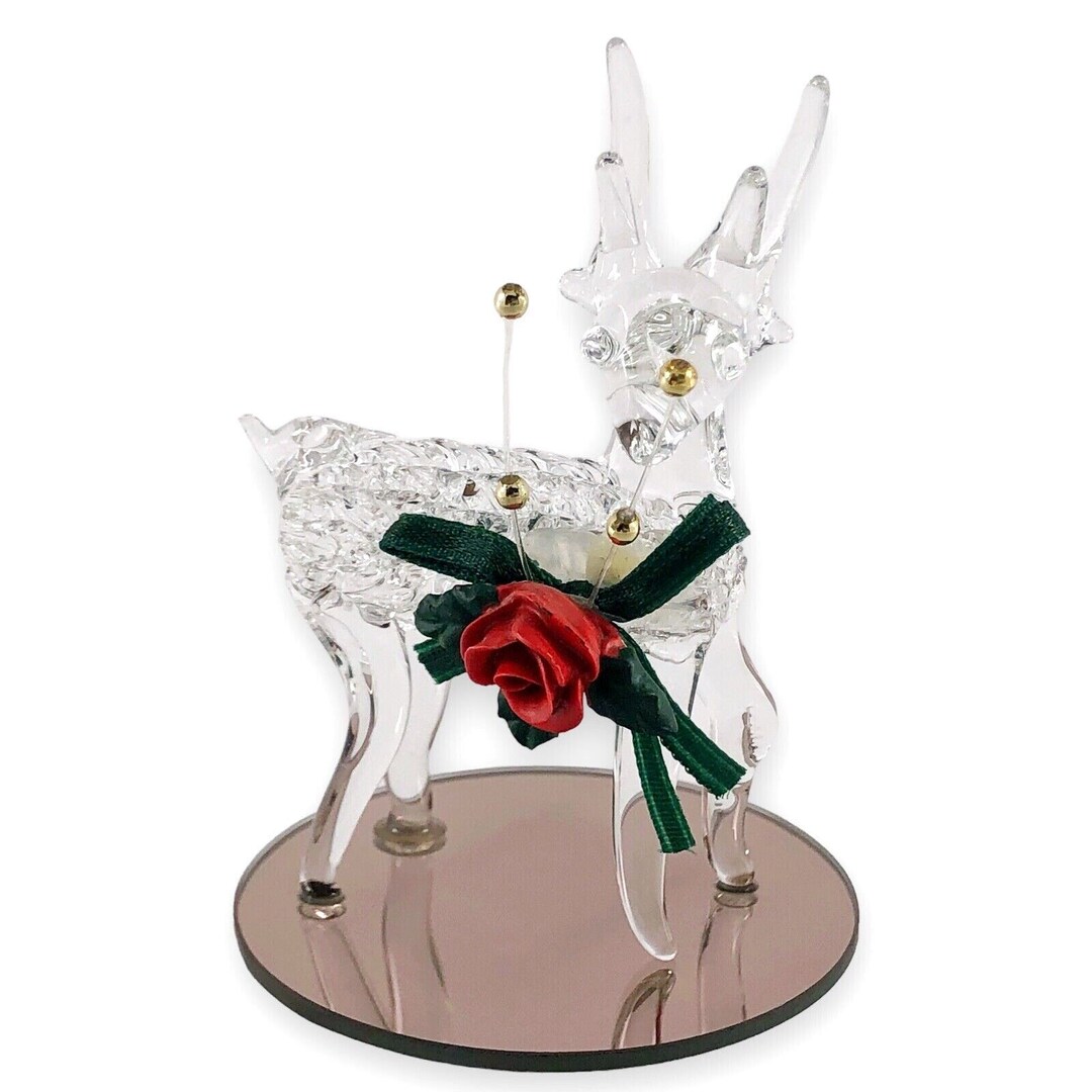 Spun Glass Reindeer Figurine Christmas Red Rose Mirror Base - Etsy