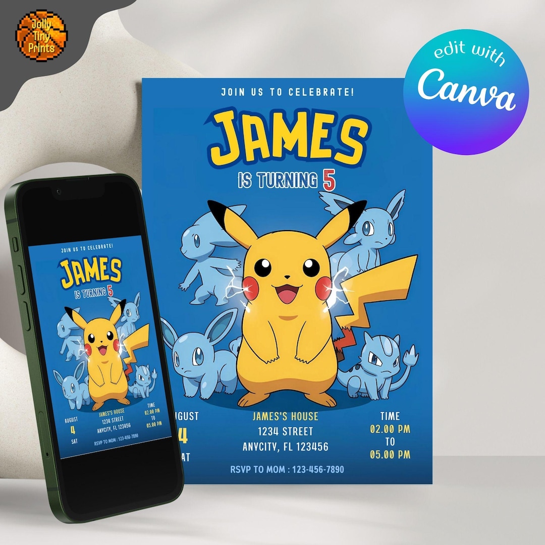 Editable Pokemon Card Invitation, Pokemon Birthday Invitation, Pikachu ...