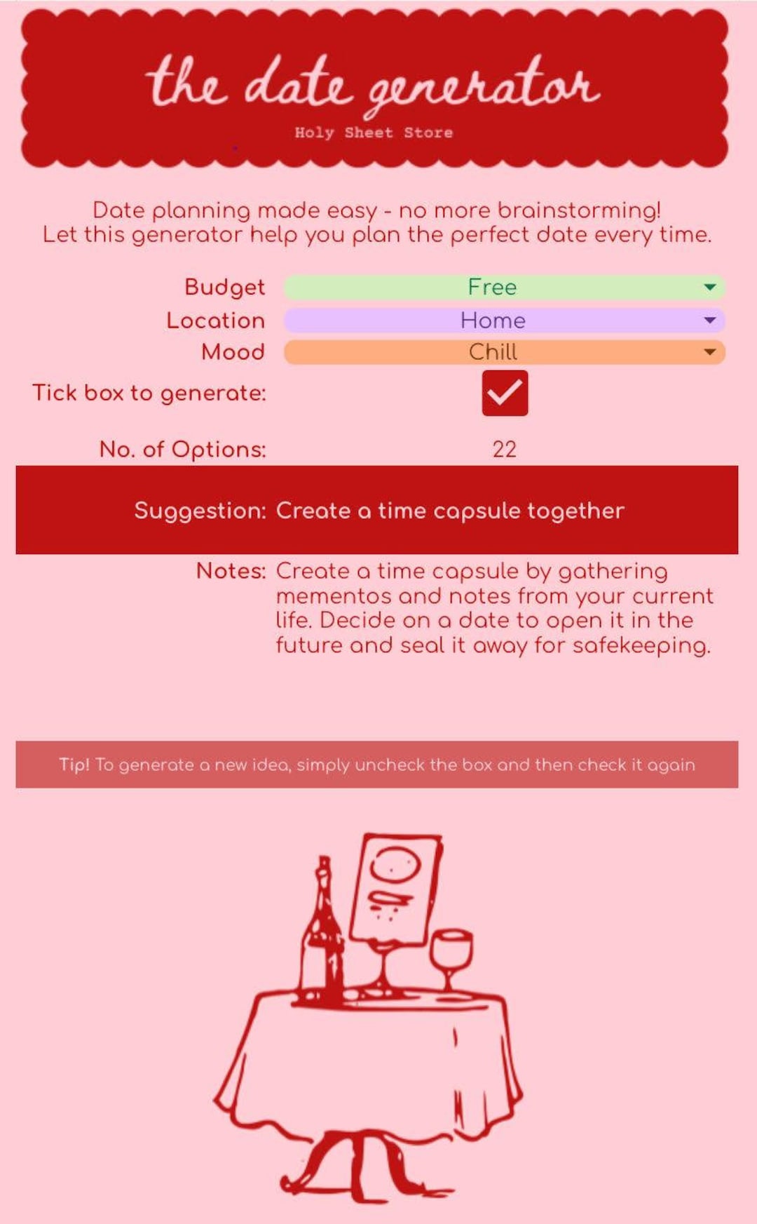 Ultimate Random Date Idea Generator Spreadsheet | Over 200 Date Ideas ...