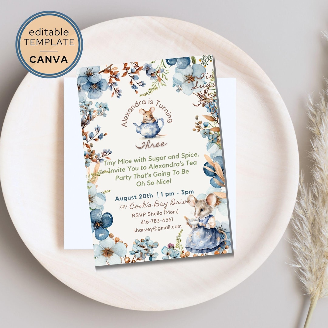Tea Party Birthday Invitation, Tiny Mice Tea Party Invitation, Instant ...