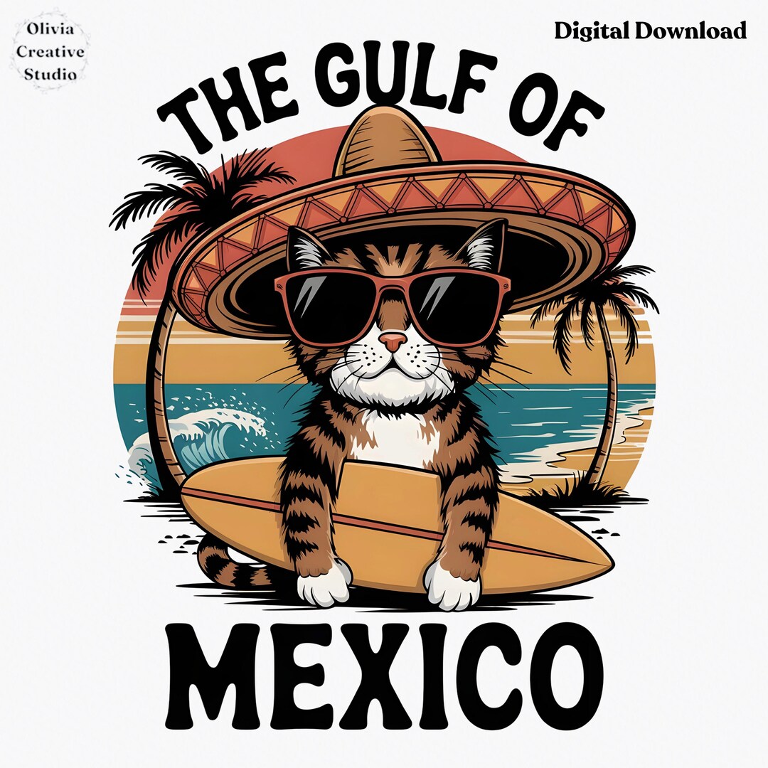 The Gulf of Mexico Cat T-shirt Design PNG, Gulf of Mexico Png, Surfing ...