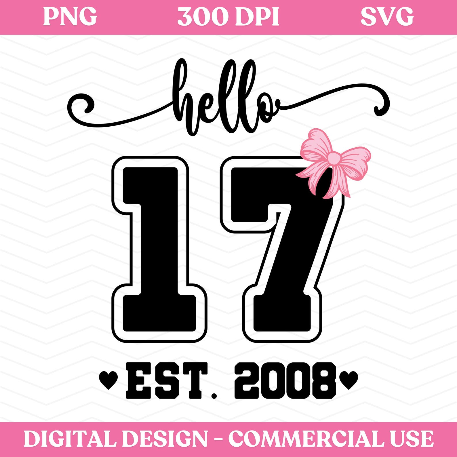 Hello Seventeen Est 2008 Svg Png, Coquette Bow Birthday 17th Birthday ...