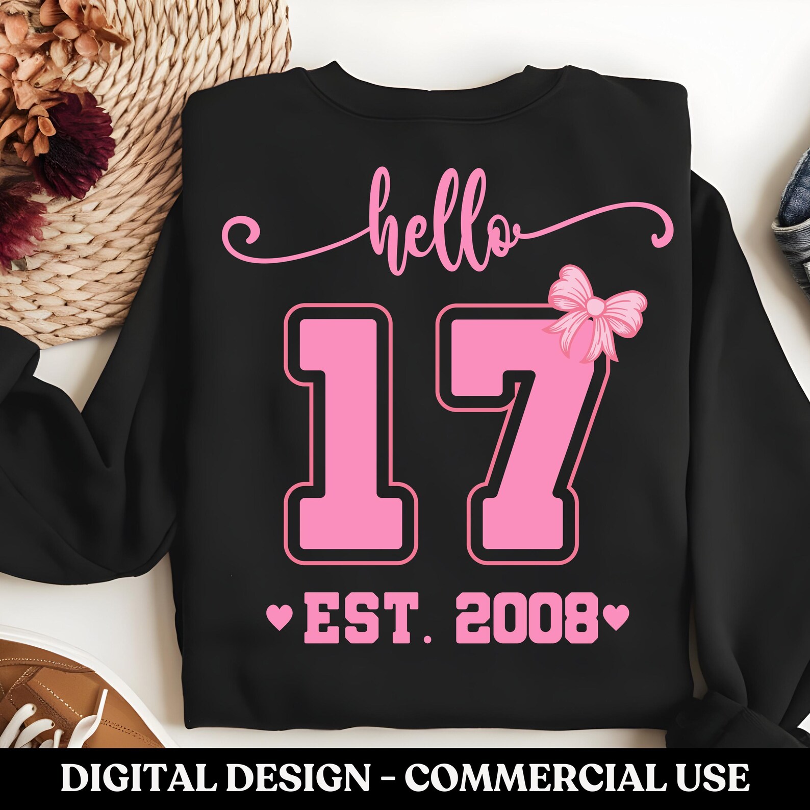 Hello Seventeen Est 2008 Svg Png, Coquette Bow Birthday 17th Birthday ...