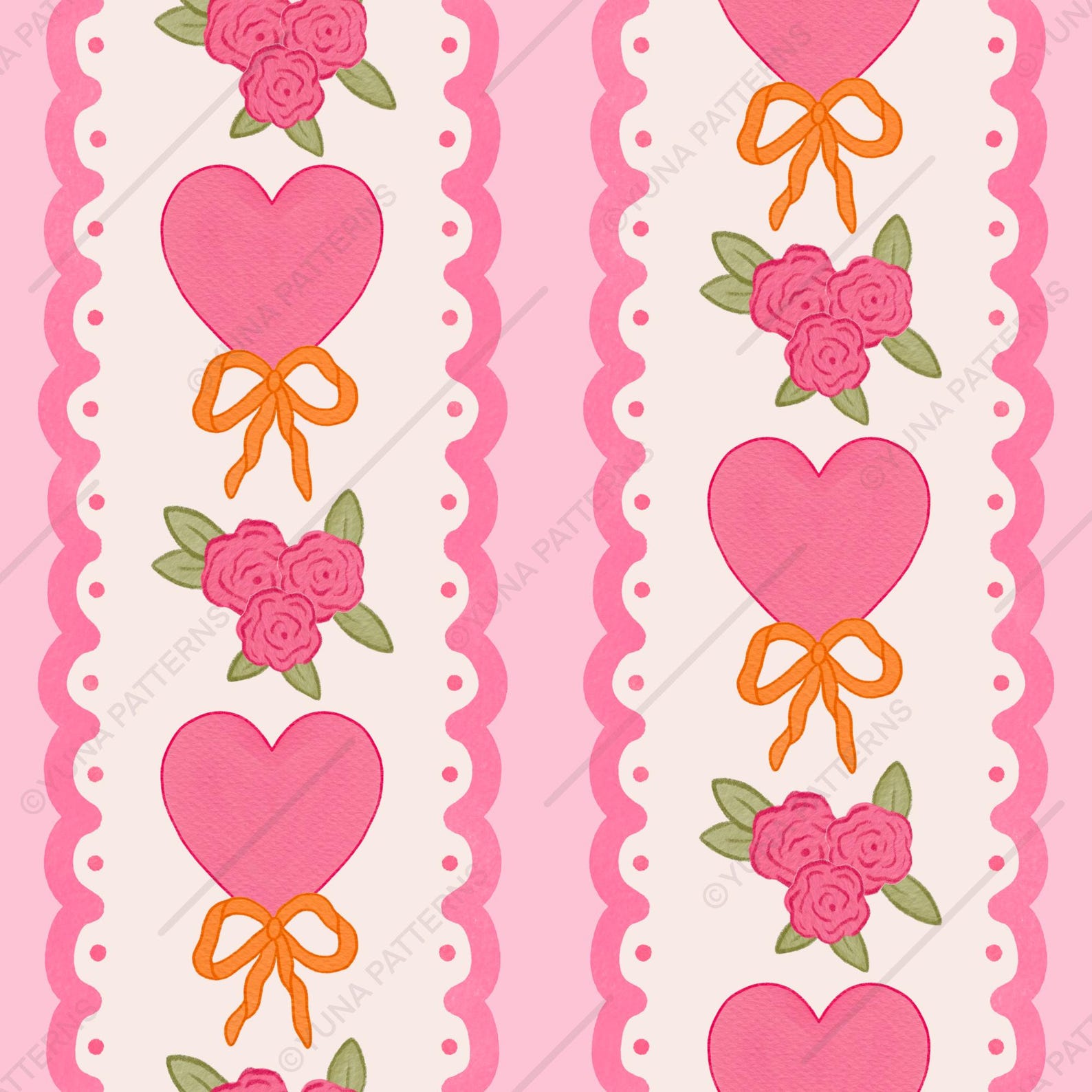 Preppy Pink Hearts Seamless Pattern, Watercolor Striped Roses Digital ...