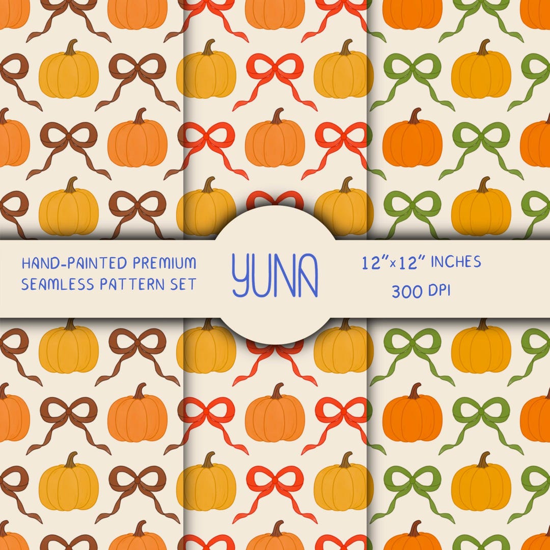 Repeating Fall Pumpkin Seamless Pattern Bundle – Brown, Red, Green Bow ...