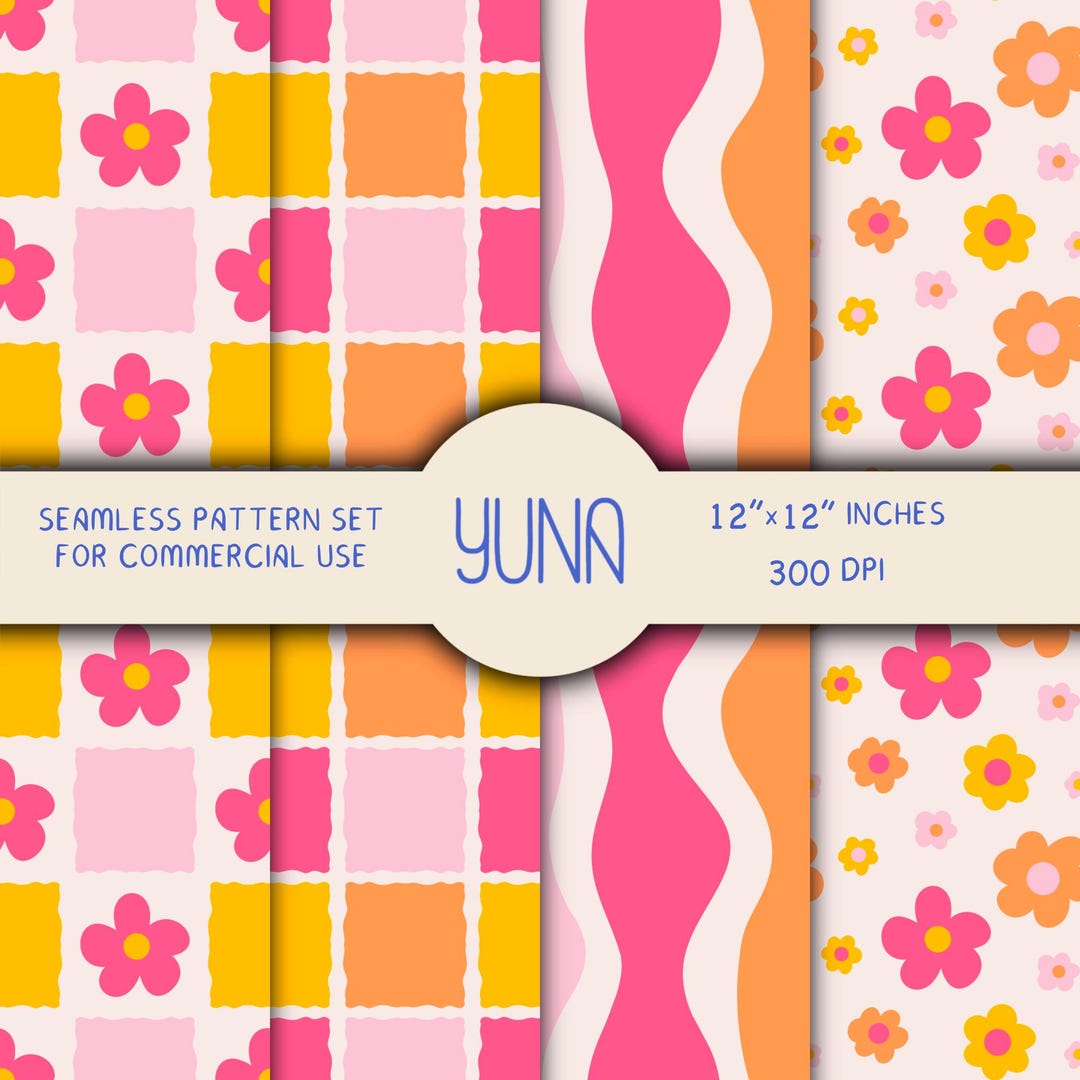 Retro Flowers Seamless Pattern Set, Bright Groovy 70s Papers ...
