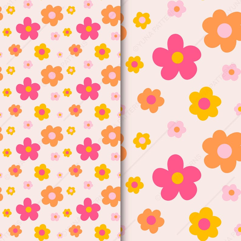 Retro Flowers Seamless Pattern Set, Bright Groovy 70s Papers ...