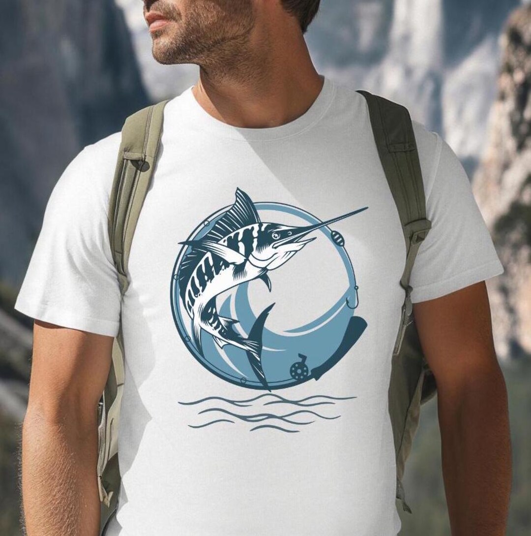 Blue Marlin Fishing Shirt, Reel and Hook, Fishermens Tshirt, Ocean ...