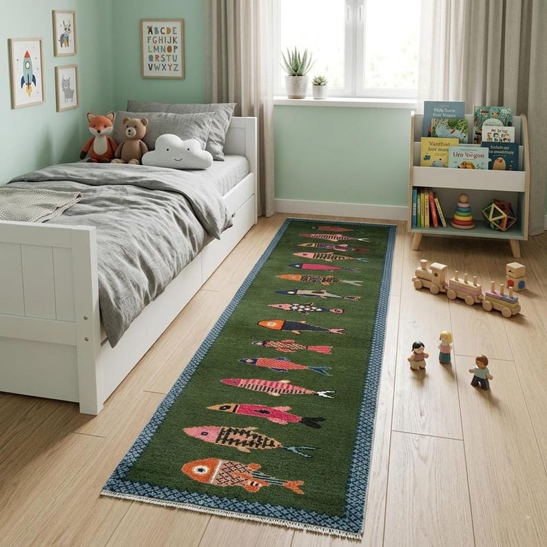 Nautical Fish Runner Rug Handmade Green Wool Carpet Stair Hallway Decor ...