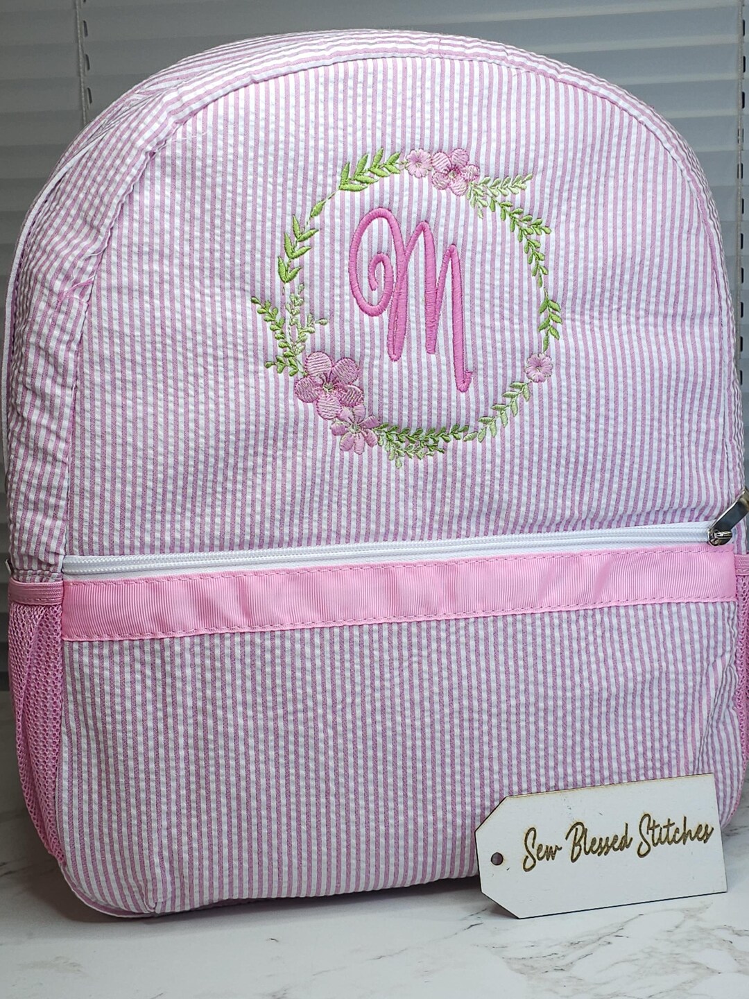 Pink Seersucker Backpack: Monogrammed Girl's Diaper Bag - Etsy