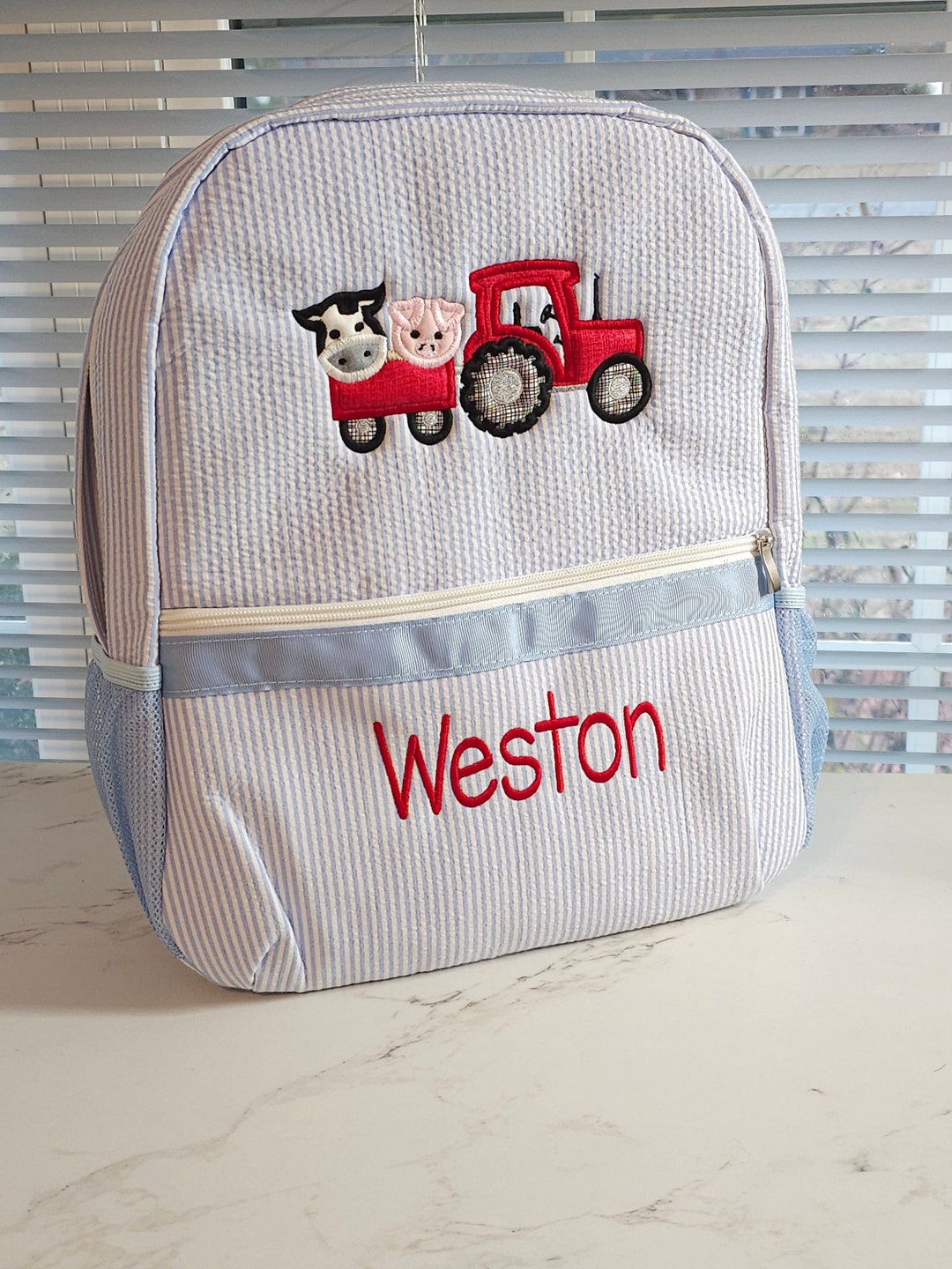 Seersucker Backpack, Personalized Tractor Backpack, Diaper Bag, Boy ...