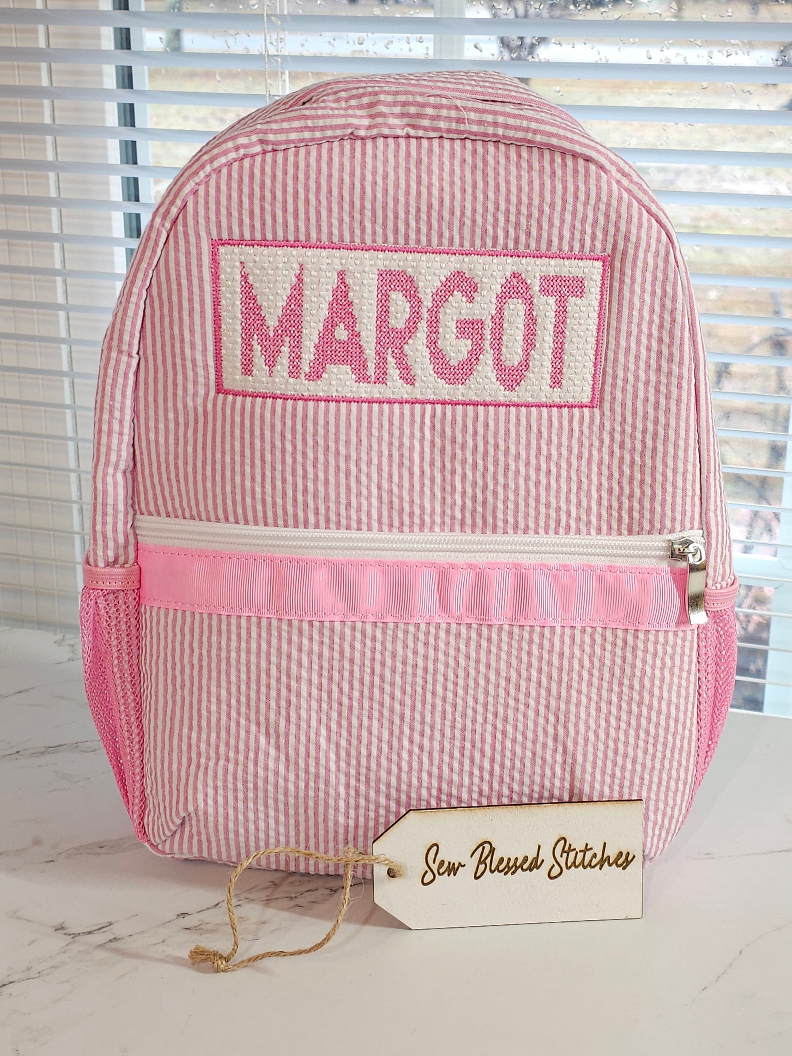 Personalized Seersucker Backpack, Faux Smocked Seersucker Backpack ...