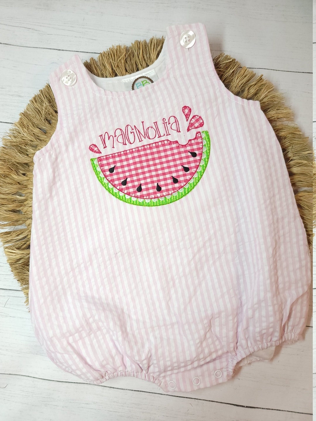 Pink Seersucker Bubble: Watermelon Applique Summer Romper - Etsy