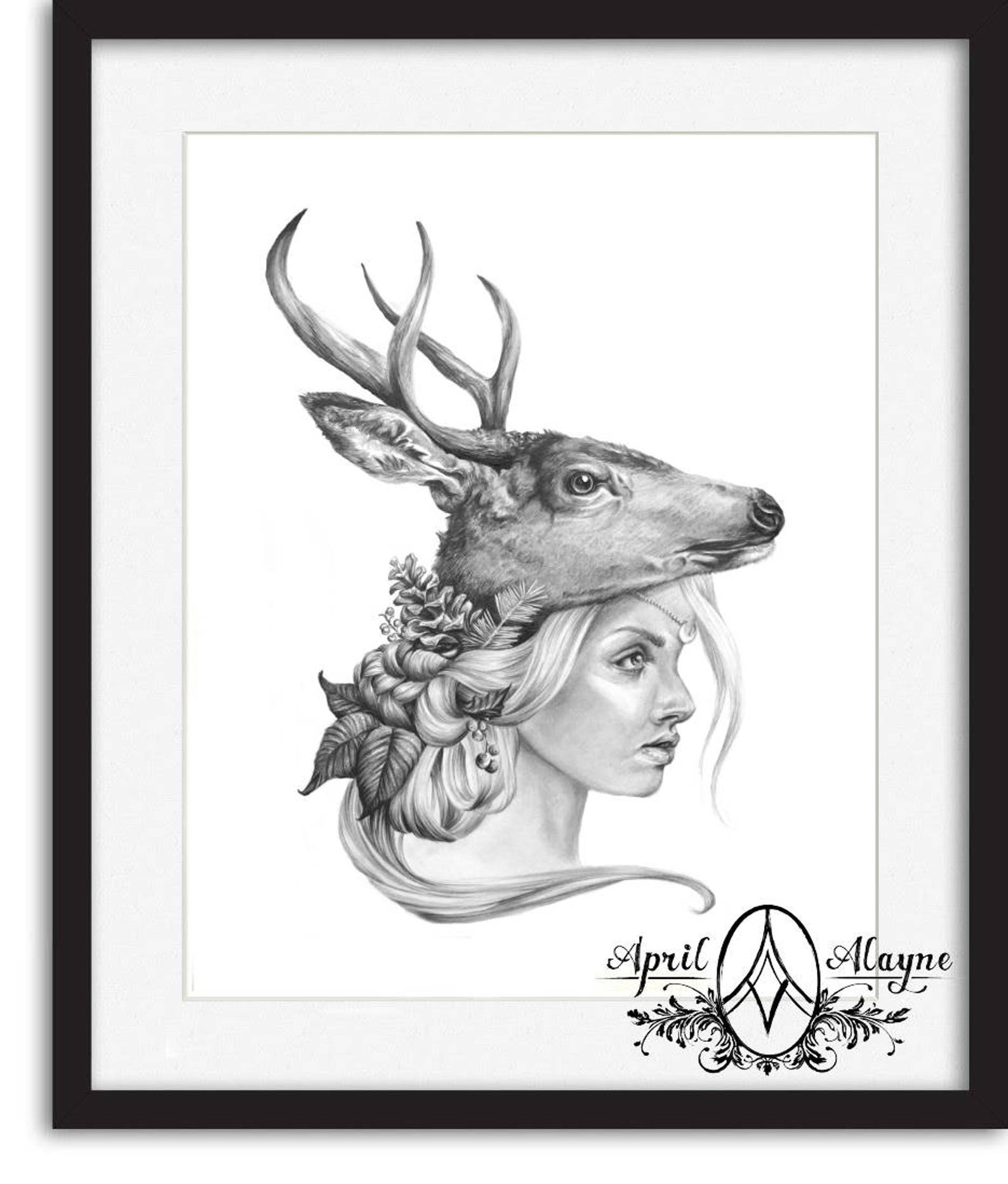 Winter Moon- Deer and Woman- Pencil Drawing - Etsy