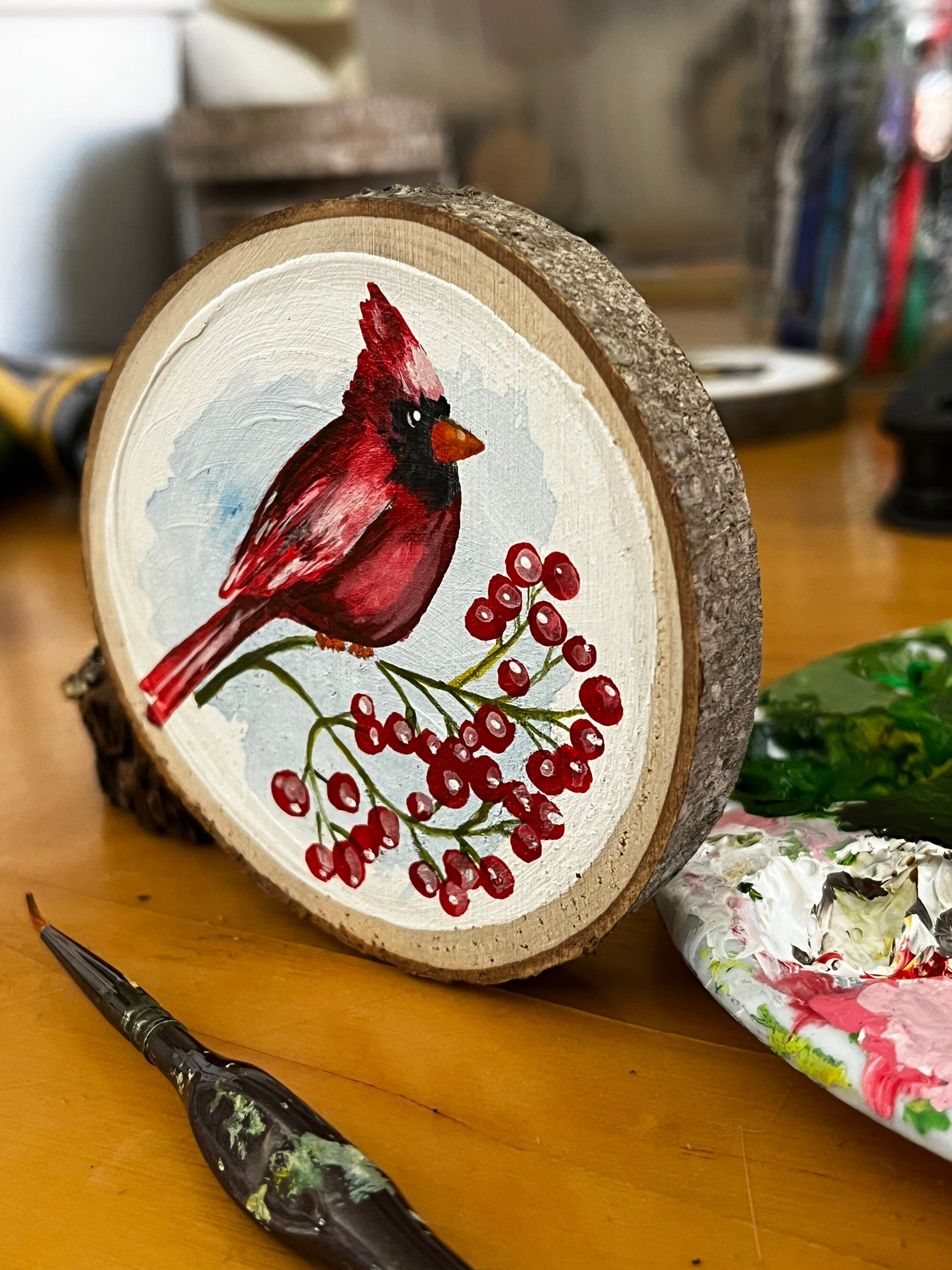 CARDINAL, Hand Painted Live Edge Wood Slice Ornament, CHOICE of ...