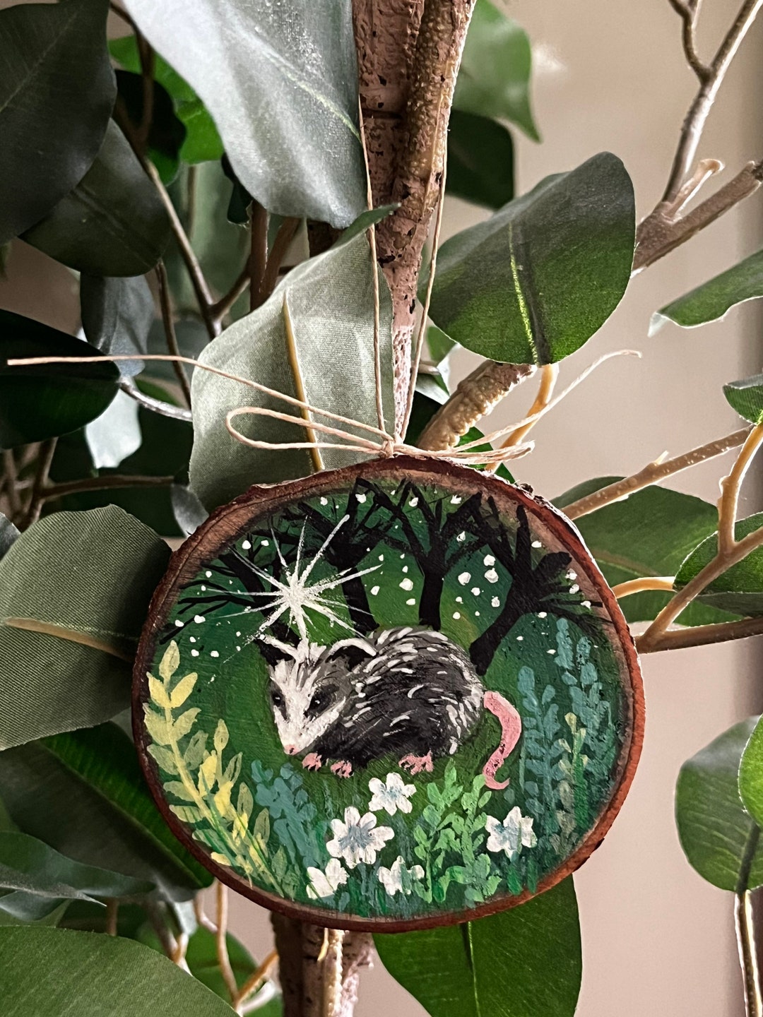 SLEEPY OPOSSUM, Hand Painted Live Edge Wood Slice Ornament, Collect ALL ...