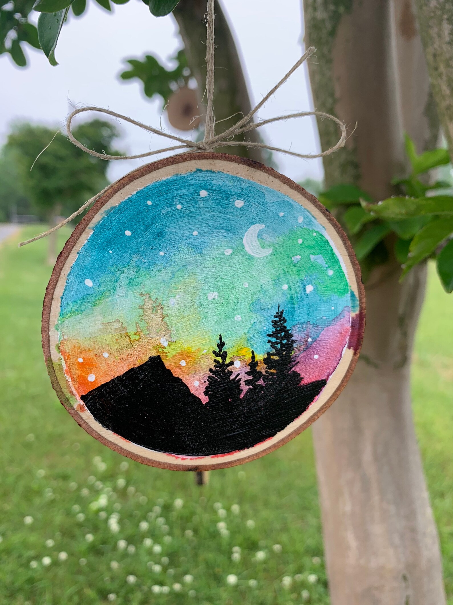 NORTHERN LIGHTS, Galaxy Mountain Sky, Hand Painted Acrylic on Live Edge ...